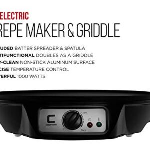 CHEFMAN Electric Crepe Maker: Precise Temp Control, 12" Non-Stick Griddle, Perfect for Crepes, Tortillas, Blintzes, Pancakes, Waffles, Eggs, Bacon, Batter Spreader & Spatula Included, Black