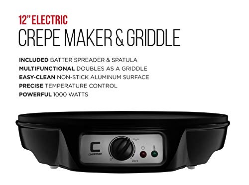 CHEFMAN Electric Crepe Maker: Precise Temp Control, 12" Non-Stick Griddle, Perfect for Crepes, Tortillas, Blintzes, Pancakes, Waffles, Eggs, Bacon, Batter Spreader & Spatula Included, Black