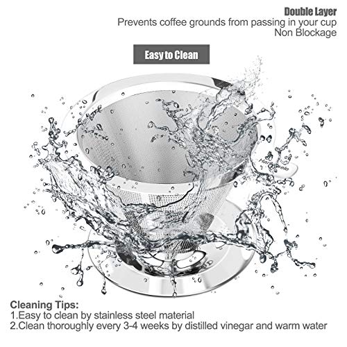 Hanlomele Pour Over Coffee Dripper, Paperless Reusable Coffee Filter, Pour Over Coffee Maker for Single Cup Brew, Double Mesh Design of Stainless Steel Cone Filter for Perfect Extraction (1-2 Cup)