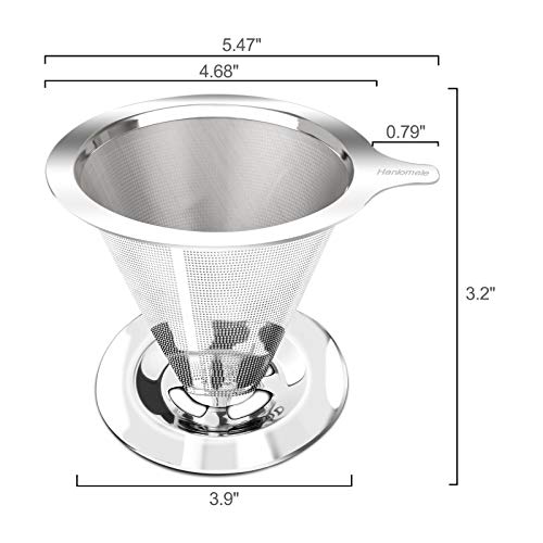 Hanlomele Pour Over Coffee Dripper, Paperless Reusable Coffee Filter, Pour Over Coffee Maker for Single Cup Brew, Double Mesh Design of Stainless Steel Cone Filter for Perfect Extraction (1-2 Cup)