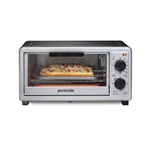 proctor silex 4 slice countertop toaster oven, multi-function with bake, toast and broiler, 1100 watts, 30 min timer and auto-shutoff, includes backing pan and rack, black and silver (31260)