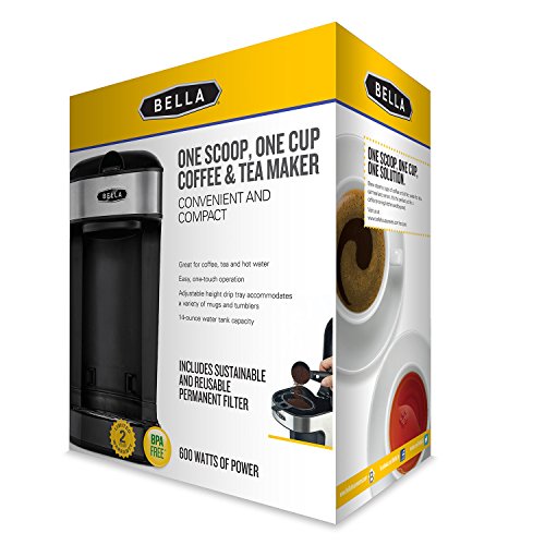 BELLA One Scoop One Cup Coffee Maker, Brew in Minutes, Dishwater Safe, Black and Stainless Steel, Great for Small Kitchens