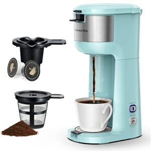 famiworths single serve coffee maker for k cup and ground coffee, 6 to 14 oz brew sizes, fits travel mug, mini one cup coffee maker with self-cleaning function, cyan