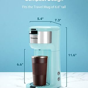 Famiworths Single Serve Coffee Maker for K Cup and Ground Coffee, 6 to 14 Oz Brew Sizes, Fits Travel Mug, Mini One Cup Coffee Maker with Self-cleaning Function, Cyan