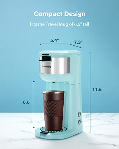 Famiworths Single Serve Coffee Maker for K Cup and Ground Coffee, 6 to 14 Oz Brew Sizes, Fits Travel Mug, Mini One Cup Coffee Maker with Self-cleaning Function, Cyan