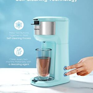 Famiworths Single Serve Coffee Maker for K Cup and Ground Coffee, 6 to 14 Oz Brew Sizes, Fits Travel Mug, Mini One Cup Coffee Maker with Self-cleaning Function, Cyan