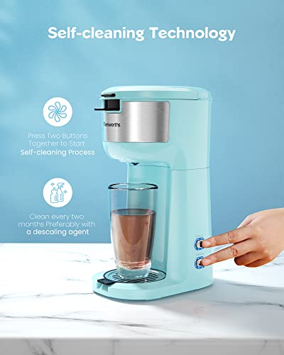 Famiworths Single Serve Coffee Maker for K Cup and Ground Coffee, 6 to 14 Oz Brew Sizes, Fits Travel Mug, Mini One Cup Coffee Maker with Self-cleaning Function, Cyan