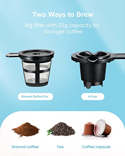 Famiworths Single Serve Coffee Maker for K Cup and Ground Coffee, 6 to 14 Oz Brew Sizes, Fits Travel Mug, Mini One Cup Coffee Maker with Self-cleaning Function, Cyan