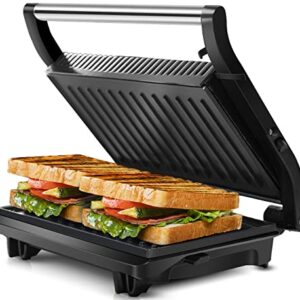 Panini Press Grill, Sandwich Maker with Non-stick Plates, Opens 180 Degrees for Any Size, Indicator Lights, Electric Indoor Grill by Aigostar, Sliver