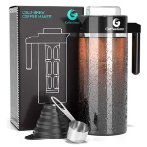 coffee gator cold brew coffee maker – 47 oz iced tea and iced coffee maker and pitcher w/glass carafe, filter, funnel & measuring scoop – black