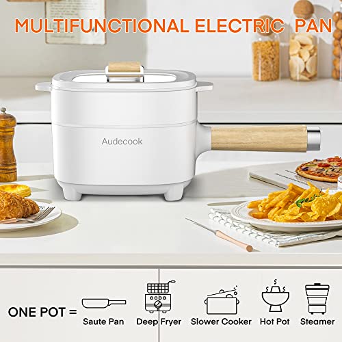 Audecook Electric Hot Pot with Steamer 2L, Cermic Glaze Non-Stick Frying Pan 8 Inch, Portable Travel Cooker for Ramen/Steak/Fried Rice/Oatmeal/Soup, with Dual Power Control (Silicone Spatula Included)