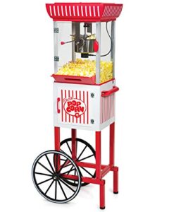 nostalgia popcorn maker cart, 2.5 oz kettle makes 10 cups, retro classic popcorn machine with interior light, measuring spoons and scoop, white and red