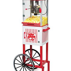 Nostalgia Popcorn Maker Cart, 2.5 Oz Kettle Makes 10 Cups, Retro Classic Popcorn Machine with Interior Light, Measuring Spoons and Scoop, White and Red