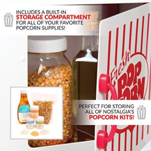 Nostalgia Popcorn Maker Cart, 2.5 Oz Kettle Makes 10 Cups, Retro Classic Popcorn Machine with Interior Light, Measuring Spoons and Scoop, White and Red