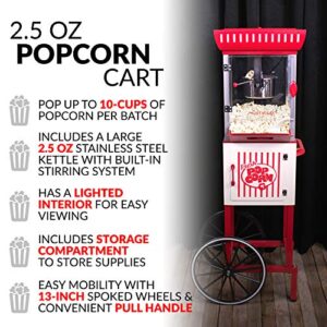 Nostalgia Popcorn Maker Cart, 2.5 Oz Kettle Makes 10 Cups, Retro Classic Popcorn Machine with Interior Light, Measuring Spoons and Scoop, White and Red