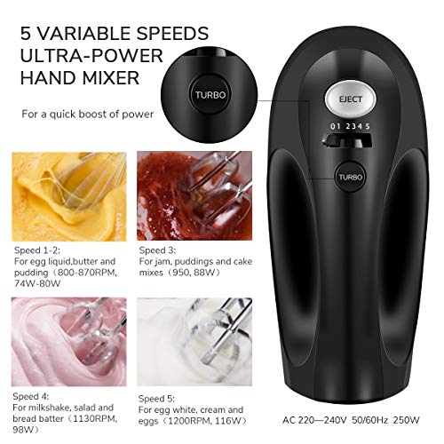 Hand Mixer Electric, Cusinaid 5-Speed Hand Mixer with Turbo Handheld Kitchen Mixer Includes Beaters, Dough Hooks and Storage Case (Black)