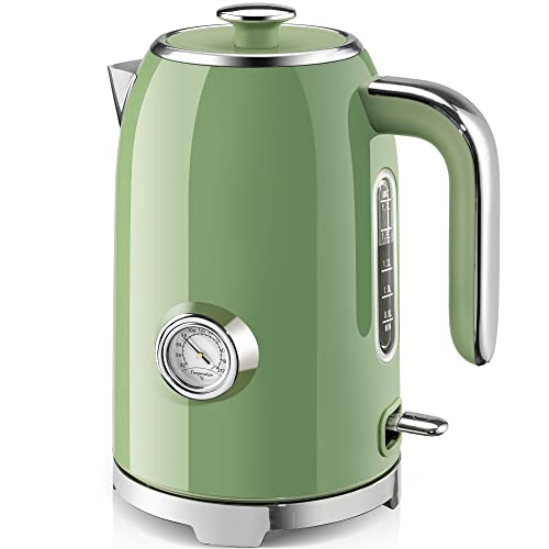 SUSTEAS Electric Kettle - 57oz Hot Tea Kettle Water Boiler with Thermometer, 1500W Fast Heating Stainless Steel Tea Pot, Cordless with LED Indicator, Auto Shut-Off & Boil Dry Protection, Retro Green