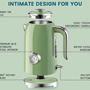 SUSTEAS Electric Kettle - 57oz Hot Tea Kettle Water Boiler with Thermometer, 1500W Fast Heating Stainless Steel Tea Pot, Cordless with LED Indicator, Auto Shut-Off & Boil Dry Protection, Retro Green