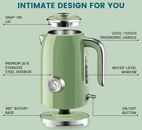 SUSTEAS Electric Kettle - 57oz Hot Tea Kettle Water Boiler with Thermometer, 1500W Fast Heating Stainless Steel Tea Pot, Cordless with LED Indicator, Auto Shut-Off & Boil Dry Protection, Retro Green