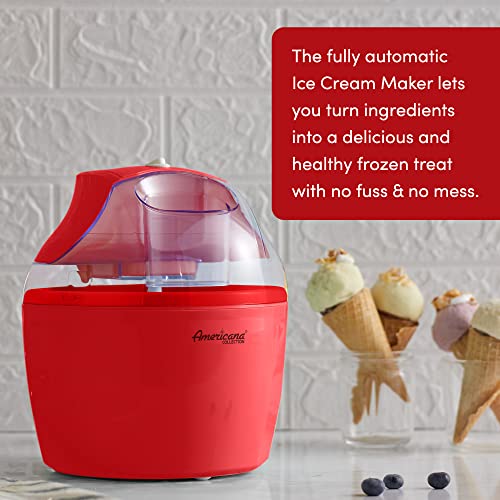 Americana EIM-1400R 1.5 Qt Freezer Bowl Automatic Easy Homemade Electric Ice Cream Maker, Ingredient Chute, On/Off Switch, No Salt Needed, Creamy Ice Cream, Gelato, Frozen Yogurt, Sorbet, Recipe Book