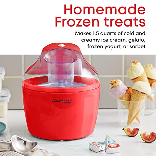 Americana EIM-1400R 1.5 Qt Freezer Bowl Automatic Easy Homemade Electric Ice Cream Maker, Ingredient Chute, On/Off Switch, No Salt Needed, Creamy Ice Cream, Gelato, Frozen Yogurt, Sorbet, Recipe Book