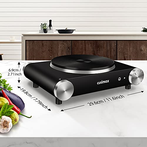 CUSIMAX Electric Hot Plate for Cooking Portable Single Burner 1500W Cast Iron hot plates Heat-up in Seconds Adjustable Temperature Control Stainless Steel Non-Slip Rubber Feet Upgraded Version B101