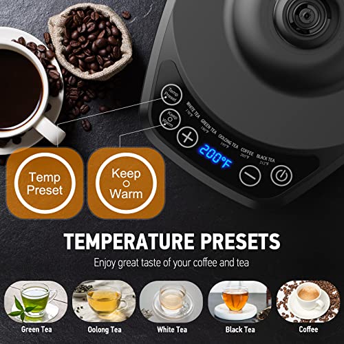 Electric Gooseneck Kettle Temperature Control & 5 Variable Presets, Pour-Over Tea Kettle for Coffee Brewing, Stainless Steel Inner, 1200W Rapid Heating, Temp Holding, 0.8L, Matte Black