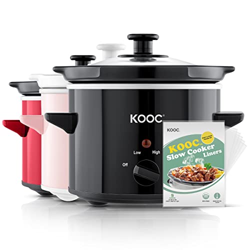 KOOC Small Slow Cooker, 2-Quart, Free Liners Included for Easy Clean-up, Upgraded Ceramic Pot, Adjustable Temp, Nutrient Loss Reduction, Stainless Steel, Black, Round…