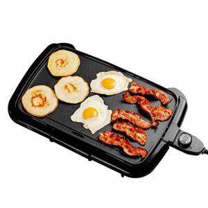 ovente electric indoor griddle 16 x 10 inch with easy clean non-stick plate and removable oil drip tray, 1200w adjustable temperature control perfect for cooking pancakes burgers eggs, black gd1610b