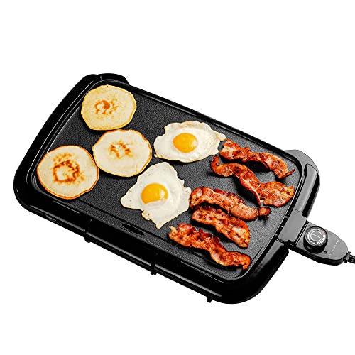 Ovente Electric Indoor Griddle 16 x 10 Inch with Easy Clean Non-Stick Plate and Removable Oil Drip Tray, 1200W Adjustable Temperature Control Perfect for Cooking Pancakes Burgers Eggs, Black GD1610B