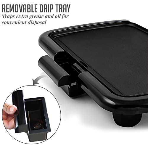 Ovente Electric Indoor Griddle 16 x 10 Inch with Easy Clean Non-Stick Plate and Removable Oil Drip Tray, 1200W Adjustable Temperature Control Perfect for Cooking Pancakes Burgers Eggs, Black GD1610B