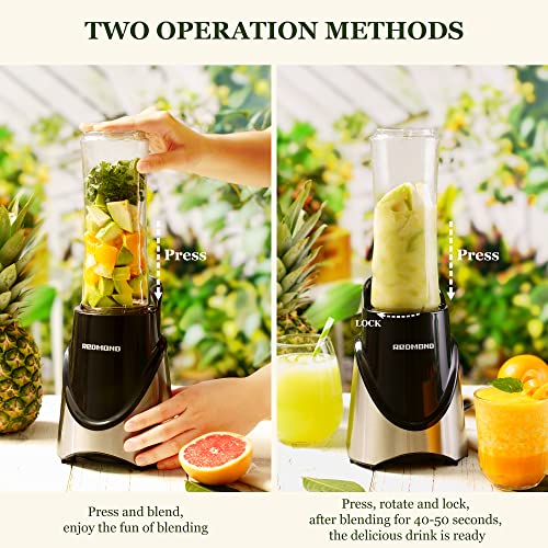 REDMOND Personal Blender for Shakes and Smoothies, Powerful Smoothie Blender with 6-point Stainless Steel Blade 2 x Travel Cups 20oz Pulse Technology BPA-Free