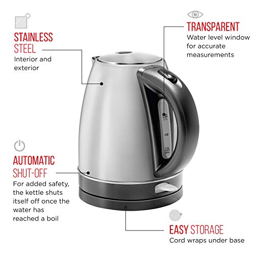 Chefman Stainless Steel Electric Kettle Quickly Heats Water, Separates from Base for Cordless Pouring, Auto Shut Off Boil Dry Protection, BPA-Free Interior & Cool-Touch Handle, 1.7 Liter/1.8 Quart