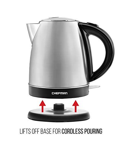 Chefman Stainless Steel Electric Kettle Quickly Heats Water, Separates from Base for Cordless Pouring, Auto Shut Off Boil Dry Protection, BPA-Free Interior & Cool-Touch Handle, 1.7 Liter/1.8 Quart