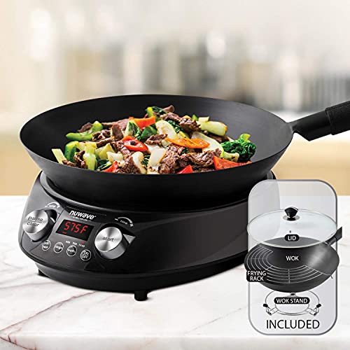 Nuwave Mosaic Induction Wok, Precise Temp Controls from 100°F to 575°F in 5°F, Wok Hei, Infuse Complex Charred Aroma & Flavor, 3 Wattages 900, 1500 & 1800, Authentic 14-inch Carbon Steel Wok Included