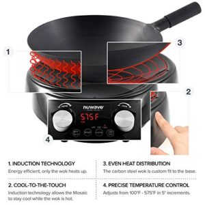 Nuwave Mosaic Induction Wok, Precise Temp Controls from 100°F to 575°F in 5°F, Wok Hei, Infuse Complex Charred Aroma & Flavor, 3 Wattages 900, 1500 & 1800, Authentic 14-inch Carbon Steel Wok Included