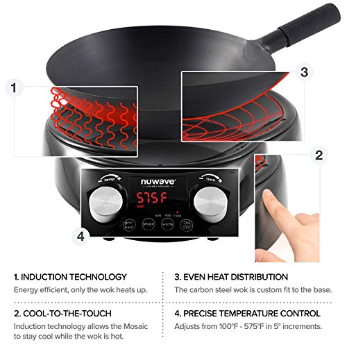 Nuwave Mosaic Induction Wok, Precise Temp Controls from 100°F to 575°F in 5°F, Wok Hei, Infuse Complex Charred Aroma & Flavor, 3 Wattages 900, 1500 & 1800, Authentic 14-inch Carbon Steel Wok Included