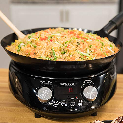 Nuwave Mosaic Induction Wok, Precise Temp Controls from 100°F to 575°F in 5°F, Wok Hei, Infuse Complex Charred Aroma & Flavor, 3 Wattages 900, 1500 & 1800, Authentic 14-inch Carbon Steel Wok Included