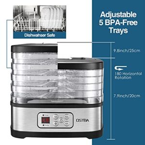 OSTBA Food Dehydrator Machine Adjustable Temperature & 72H Timer, 5-Tray Dehydrators for Food and Jerky, Fruit, Dog Treats, Herbs, Snacks, LED Display, 240W Electric Food Dryer, Recipe Book