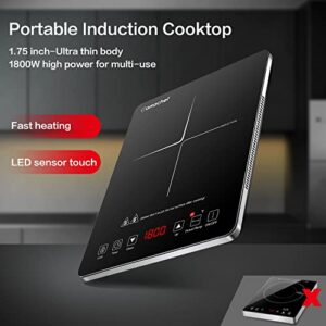 Portable Induction Cooktop AMZCHEF Induction Burner Cooker With Ultra Thin Body, Low Noise Hot Plate With 1800W Sensor Touch Single Electric Cooktops Countertop Stove With 8 Temperature & Power Levels, 3-hour Timer, Safety Lock