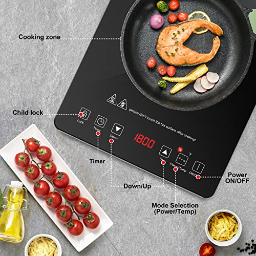 Portable Induction Cooktop AMZCHEF Induction Burner Cooker With Ultra Thin Body, Low Noise Hot Plate With 1800W Sensor Touch Single Electric Cooktops Countertop Stove With 8 Temperature & Power Levels, 3-hour Timer, Safety Lock