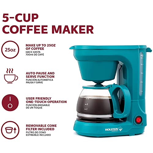 Holstein Housewares - 5-Cup Compact Coffee Maker, Teal - Convenient and User Friendly with Auto Pause and Serve Functions