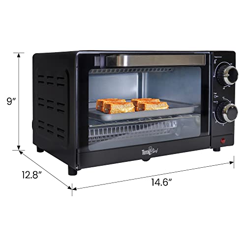 Total Chef 4-Slice Toaster Oven, 1000W, Black Compact Countertop Oven with Natural Convection, Temperature Control Dial, 30 Minute Timer, Bake, Toast, Roast, Includes Baking Pan and Toasting Rack