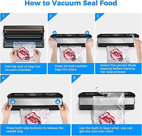 Vacuum Sealer Machine, Automatic Vacuum Air Sealing System for Food Savers, Food Sealer with Dry & Moist Food Preservation Modes, Built-in Cutter 15 Bags Starter Kit Lab Tested Easy to Clean Led Indicator Lights