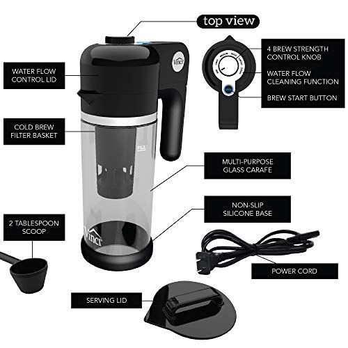 VINCI Express Cold Brew Patented Electric Coffee Maker Cold Brew in 5 Minutes, 4 Brew Strength Settings & Cleaning Cycle, Easy to Use & Clean, Glass Carafe, 1.1 Liter (37 Fl Ounces)