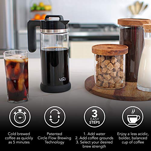 VINCI Express Cold Brew Patented Electric Coffee Maker Cold Brew in 5 Minutes, 4 Brew Strength Settings & Cleaning Cycle, Easy to Use & Clean, Glass Carafe, 1.1 Liter (37 Fl Ounces)