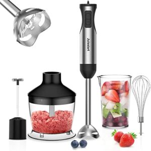 immersion hand blender,5 in1 emulsion blender 800w 20 speed, 500ml chopper, 600ml beaker, stainless steel whisk and milk frother for smoothie, baby food, sauces,puree, soup,milk coffee（bpa-free）