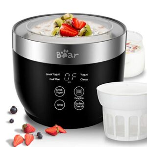 bear yogurt maker, greek yogurt maker machine with strainer and timer control, yogurt maker with stainless steel inner pot, automatic digital yogurt maker with 2 glass jars 1 quart for home organic yogurt, cheese maker, fruit wine maker, black (black)