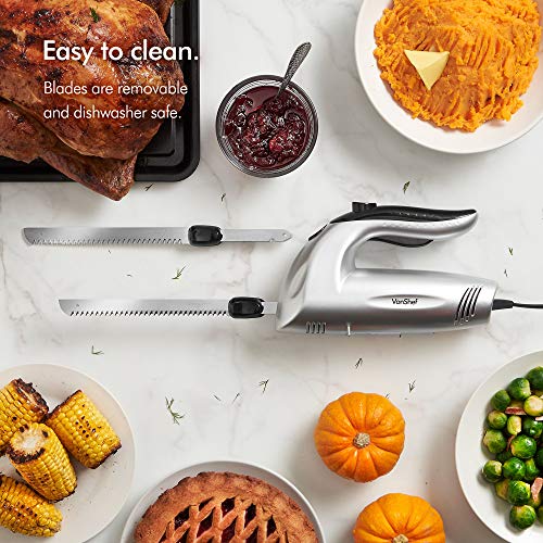 VonShef Electric Knife 10 Inch – Serrated Carving Knife Set with Storage Case – Interchangeable Stainless Steel Blades – For Turkey, Meat, Bread, Vegetables, Fruit - 150W