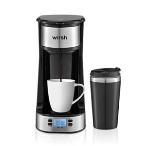 wirsh single serve coffee maker- small coffee maker with programmable timer and lcd display, single cup coffee maker with 14 oz.travel mug and reusable coffee filter, black